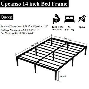 Queen Bed Frame No Box Spring Needed, 14 Inch Heavy Duty Metal Platform Bed Frame Queen Size, 1200lbs Steel Slats Support, Easy Assembly, Black