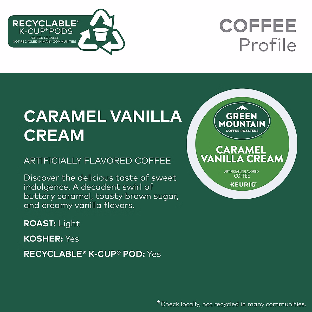 Green Mountain Coffee Roasters Caramel Vanilla Cream, Single-Serve Keurig K-Cup Pods, Flavored Light Roast Coffee, 12 Count (Pack of 6)