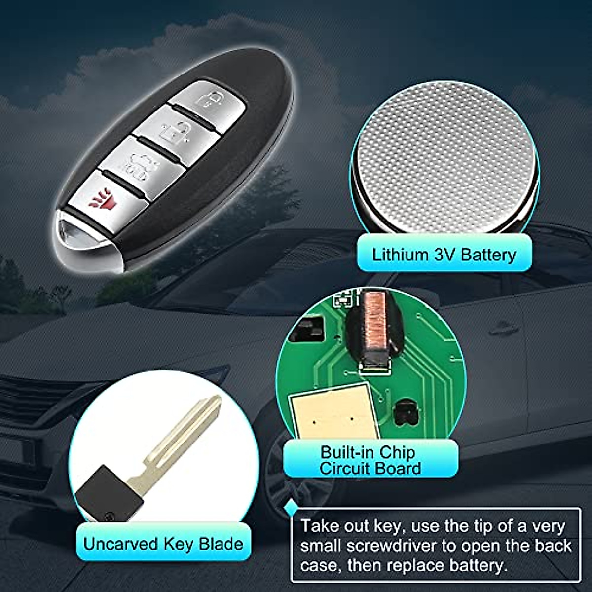 X AUTOHAUX 433MHz KR5S180144014 Replacement Smart Proximity Insert Keyless Entry Remote Key Fob for Nissan Altima Maxima 2016 2017 2018 4 Buttons 4A Chip Car Key