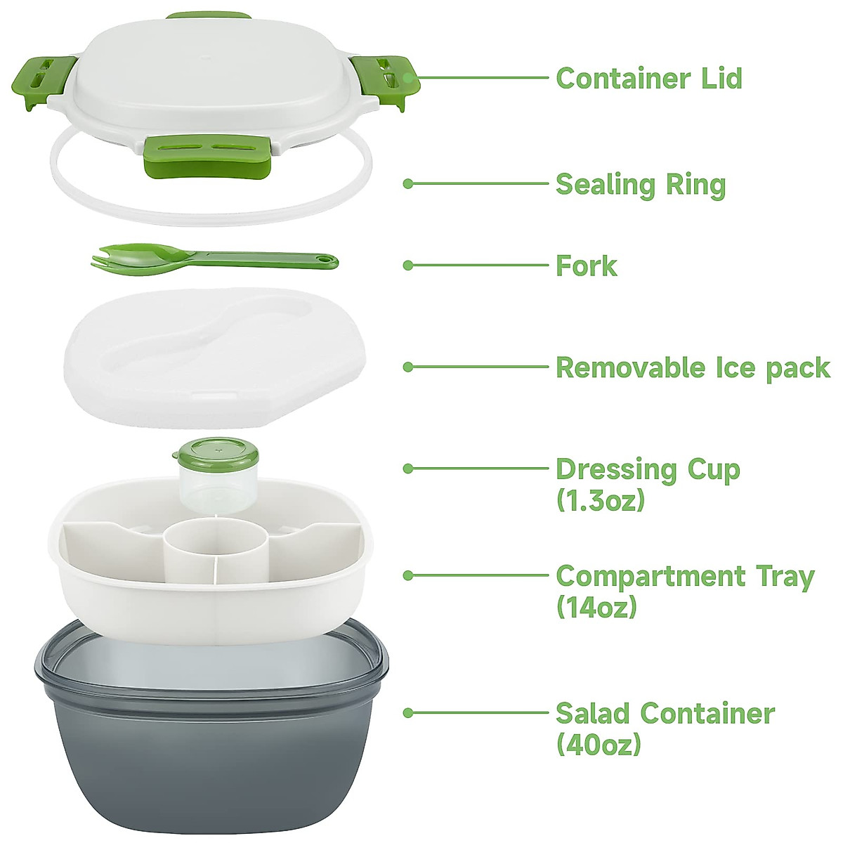 BOKZEN Freezer Bento Box, Salad Lunch Containers with Built-In Ice Pack & Fork for Food Freshness, 1.2L 4-Compartment Leakproof Chill Bento Lunch Box for Adults