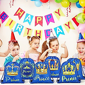 Sweetude 24 Pcs Prince Party Gifts Bags Prince Crown Blue Drawstring Bags Decoration Favor Storage for Boys Kids Birthday Wedding Party Decoration