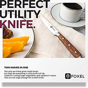 FOXEL Best Serrated Steak Knives Knife Set of 4, 8, or 12 Piece w/Covers - Heavy Duty Restaurant Quality - German Stainless Steel 1.4116 Blade - Natural Sandal Wood Full Tang Handle - Hand Wash Only