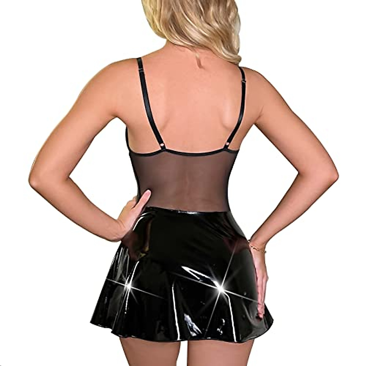 Oyolan Women Metallic Latex Leather Flared Dress Adjustable Spaghetti Straps Sleeveless Sexy Dress Black Large