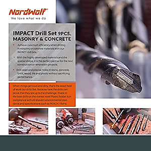 NordWolf 9-Piece Metric Carbide Tipped Masonry Drill Bit Set with 1/4" Hex Shank for Concrete, Brick, Block & Stone, Sizes 5.5(x3)-6.5(x3)-7-8-10mm