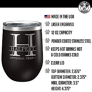 Personalized 12oz (17 Colors) Powder Coated Stainless Steel Stemless Wine Tumbler with Lid, Custom Etched, Customized Gift for Women Her, Wine Lover, Halpert Monogram Initial Name (Black)