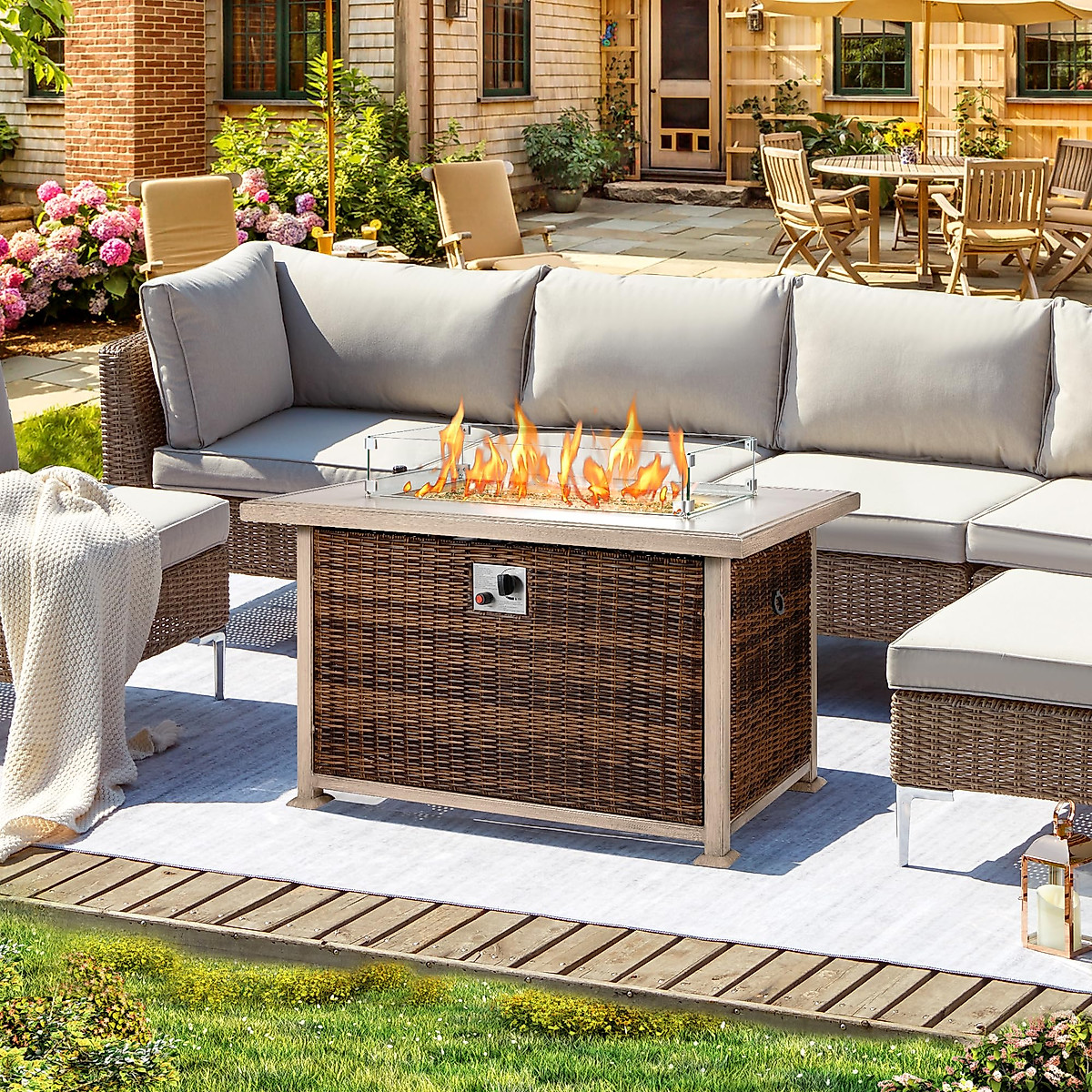 GYUTEI 50in Outdoor Propane Gas Fire Pit Table with Glass Wind Guard,50,000 BTU Rectangle Firepit w/CSA Certification,Aluminum Tabletop for Garden Patio(Grey)