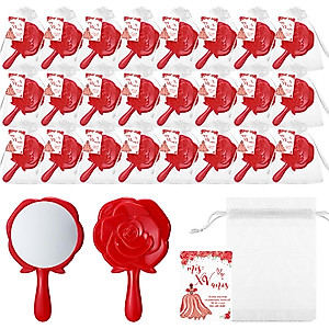 Sintuff 24 Set Quinceanera Party Favors for Guests Rose Design Compact Mirrors Red Plastic Compact Mirrors Thank You Cards Small Quinceanera Gift Cards Organza Bags for Guests 15 Birthday Party Favors