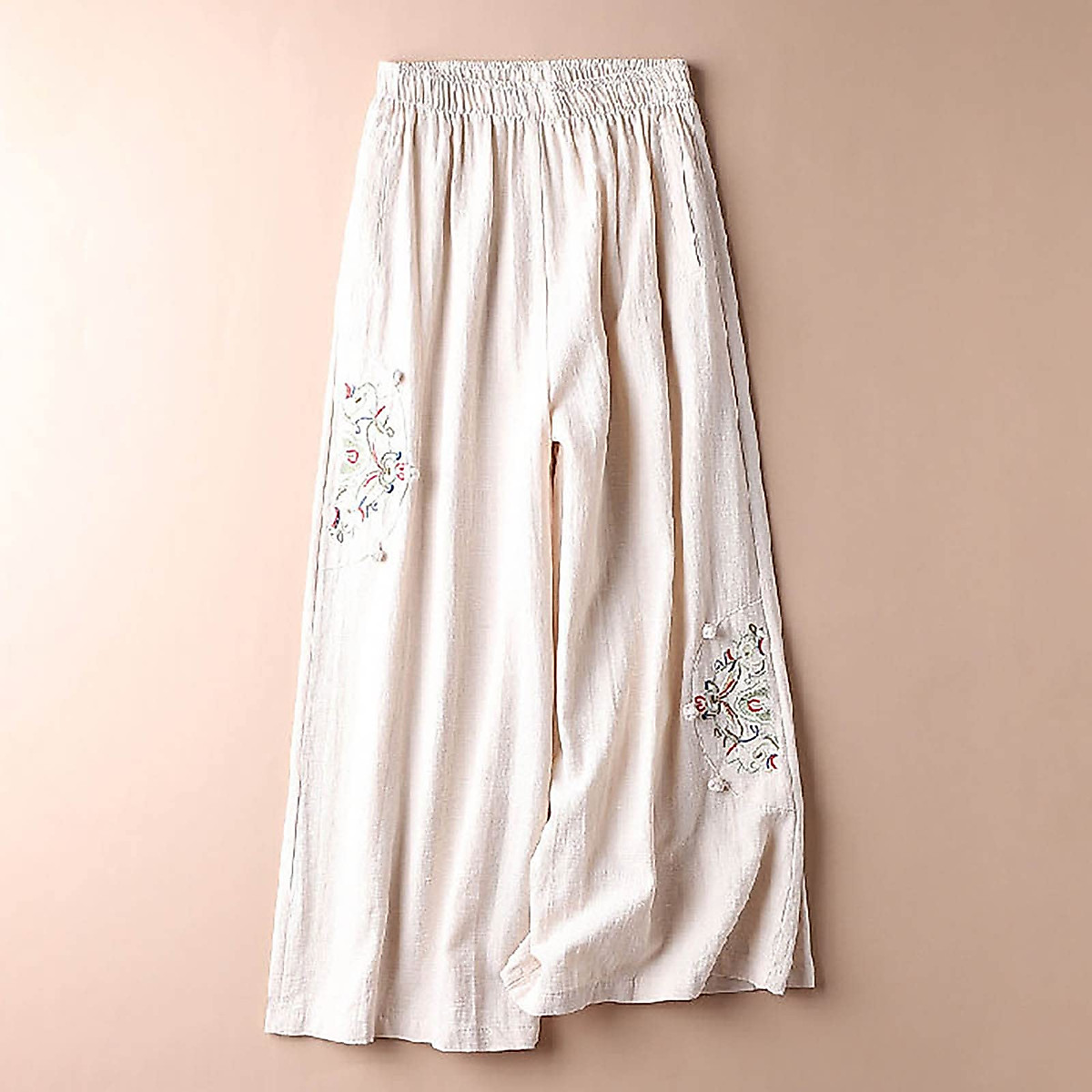 Todays Deals Sale Clearance fold Over Yoga Pants for Women Cotton Linen Pants for Women Embroideried Capri Palazzo Pants Wide-Leg Pants Plus Size Baggy Slacks Trousers Beige 2XL