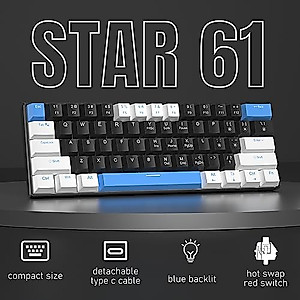 60% Mechanical Gaming Keyboard,White Black Blue Keycaps Gaming Keyboard with Linear Red Switch, Detachable Type-C Cable Mini Keyboard with Blue LED Light for Windows/Mac/PC/Laptop