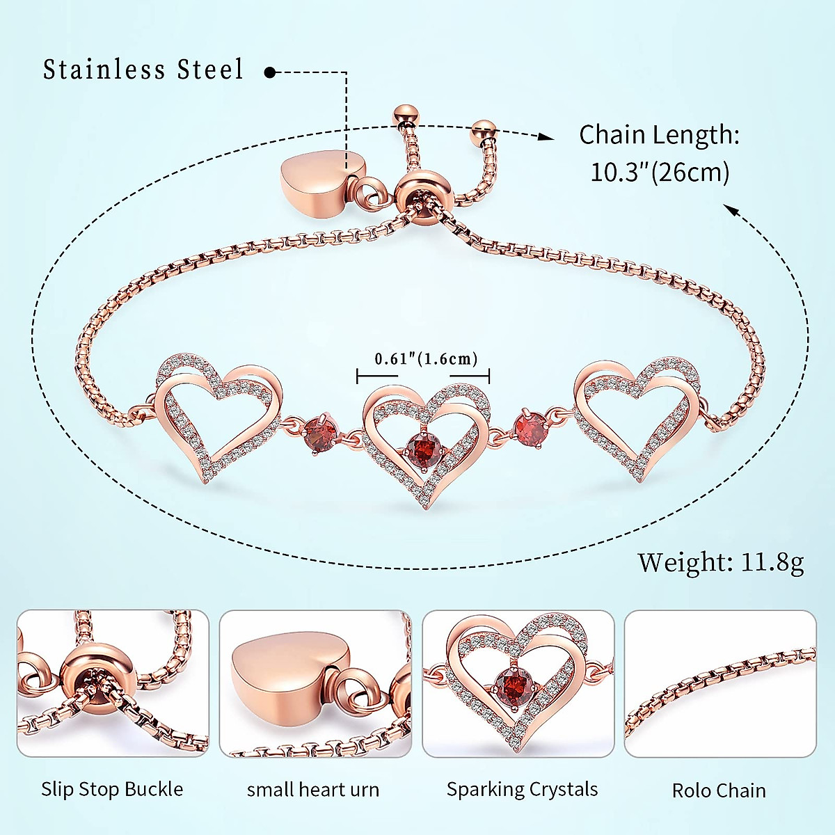 shajwo Cremation Jewelry Heart Urn Bracelet for Ashes for Women Girls Cremation Link Memorial Bracelet,Rose Gold-Red