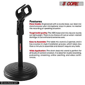 5 Core Desk Microphone Stand • Angle Adjustable Desktop Mic Stand • Table Mic Holder with Universal Mic Clip MS RBS