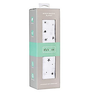 Ely's & Co. Cotton Muslin Swaddle Blanket 1-Pack — 100% Cotton Muslin Extra-Large Swaddle Blankets (47” x 47”) Printed (Grey Stars)