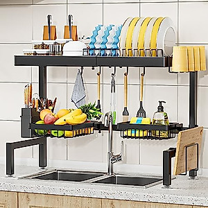 caktraie Home Use Over The Sink Dish Drying Rack with 2 Baskets【Thicker and More Sturdy】 Sturdy Guard Rail Model All-in-one, Kitchen Sink Rack Saving Space, Suitable for Most Family Sinks,26.5"-32.5"