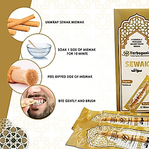 HERBOGANIC Natural Miswak, All Natural Traditional Tooth Brush for Oral Health, Hygiene, Fresh Breath, Light Weight, Vacuum Sealed (Pack of 12)