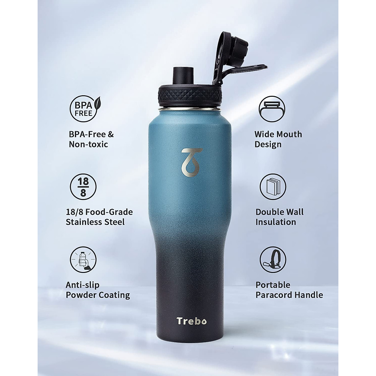 Trebo 32oz Insulated Water Bottle that Fits in Cup Holder, Stainless Steel Double Wall Tumbler Flask Bottles with Paracord Handle, with Straw Spout Lids, Keep Cold for 48 Hrs/Hot 24 Hrs,Indigo/Black