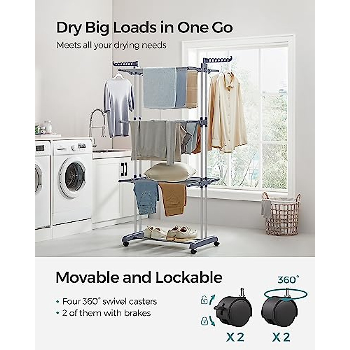 SONGMICS Clothes Drying Rack Stand 4-Tier, Foldable Laundry Drying Rack 67.7-Inch Tall, Stainless Steel, Rolling Clothes Horses Dryer Rack, Easy to Assemble, Indoor Outdoor Use, Gray ULLR701G01