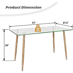 Tangkula Glass Dining Table, Modern Rectangular Table with Spacious Tempered Glass Tabletop & Wood Grain Steel Legs, Simplistic Kitchen Table, 51 x 27.5 x 29.5 Inch, Versatile Table for Home Office