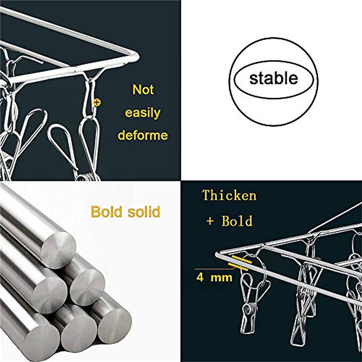whatUneed Laundry Clothesline Hanging Rack，Stainless Steel Drying Clothes Hanger ，Multiple Function Windproof Pegs Hook for Drying/Socks/Underwear/Clothes/Towels (30 Clips)