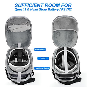 Hard Carring Case Compatible with Meta Quest 3S/Quest 3 and Head Strap Battery, Hard Travel Case for PS VR2 Shockproof Waterproof EVA Portable Protection Case with Adjustable Strape Hard Storage Box