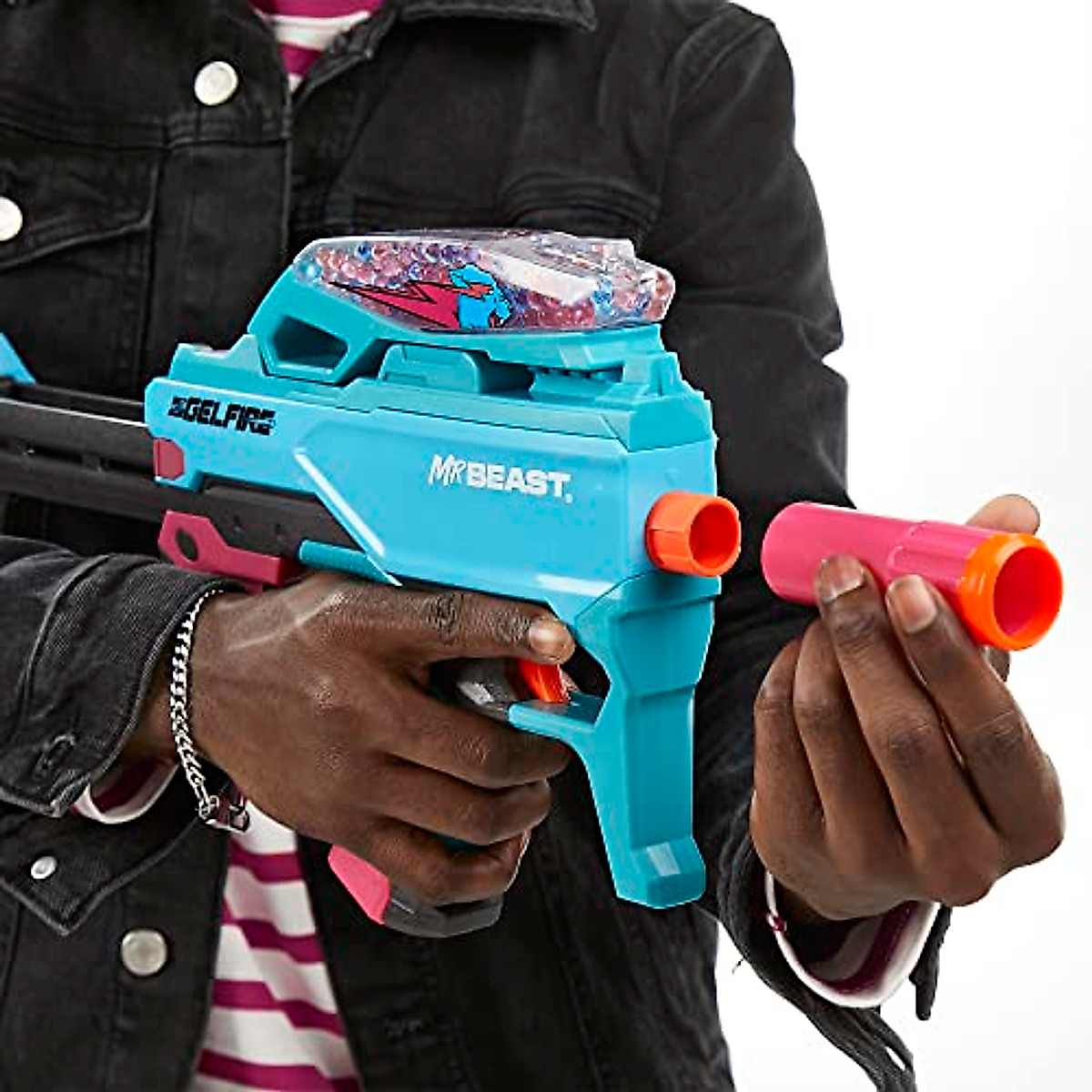 NERF Pro Gelfire X MrBeast Full Auto Blaster & 20,000 Gelfire Rounds, 300 Round Hopper, Rechargeable Battery, Eyewear, Ages 14 & Up