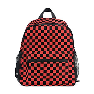 Fisyme Toddler Backpack Black and Red Plaid Checkered School Bag Kids Backpacks for Kindergarten Preschool Nursery Girls Boys, S