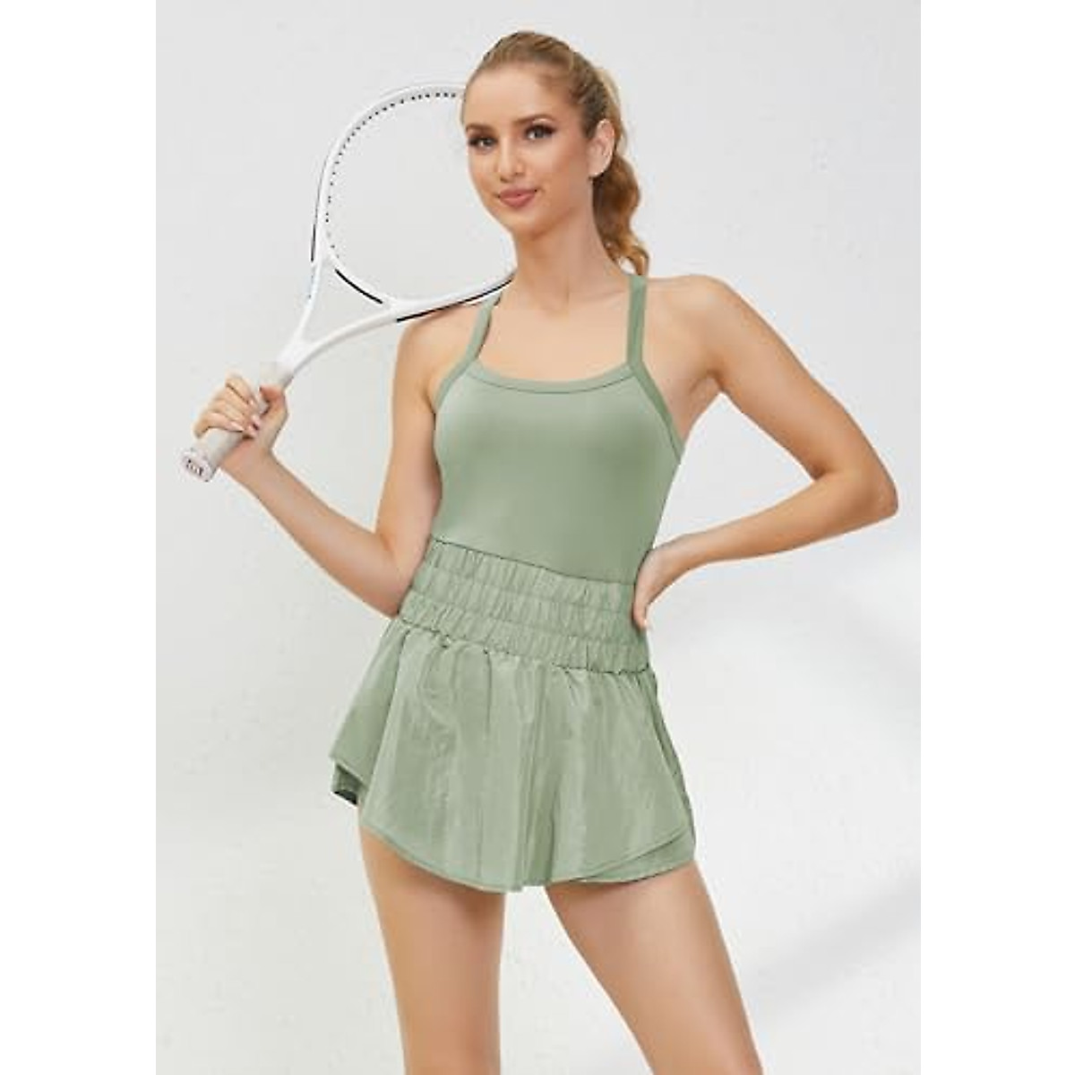 MISSACTIVER Women Tennis Dress Workout Dress with Built in Shorts Sleeveless Crisscross Backless Summer Athletic Mini Dress(Medium,Cyan)