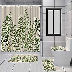 RyounoArt 4 Pcs Green Leaves Shower Curtain Set with Rugs and Accessories Vintage Plant Leaf Shower Curtain with Toilet Cover Waterproof Bathroom Curtain