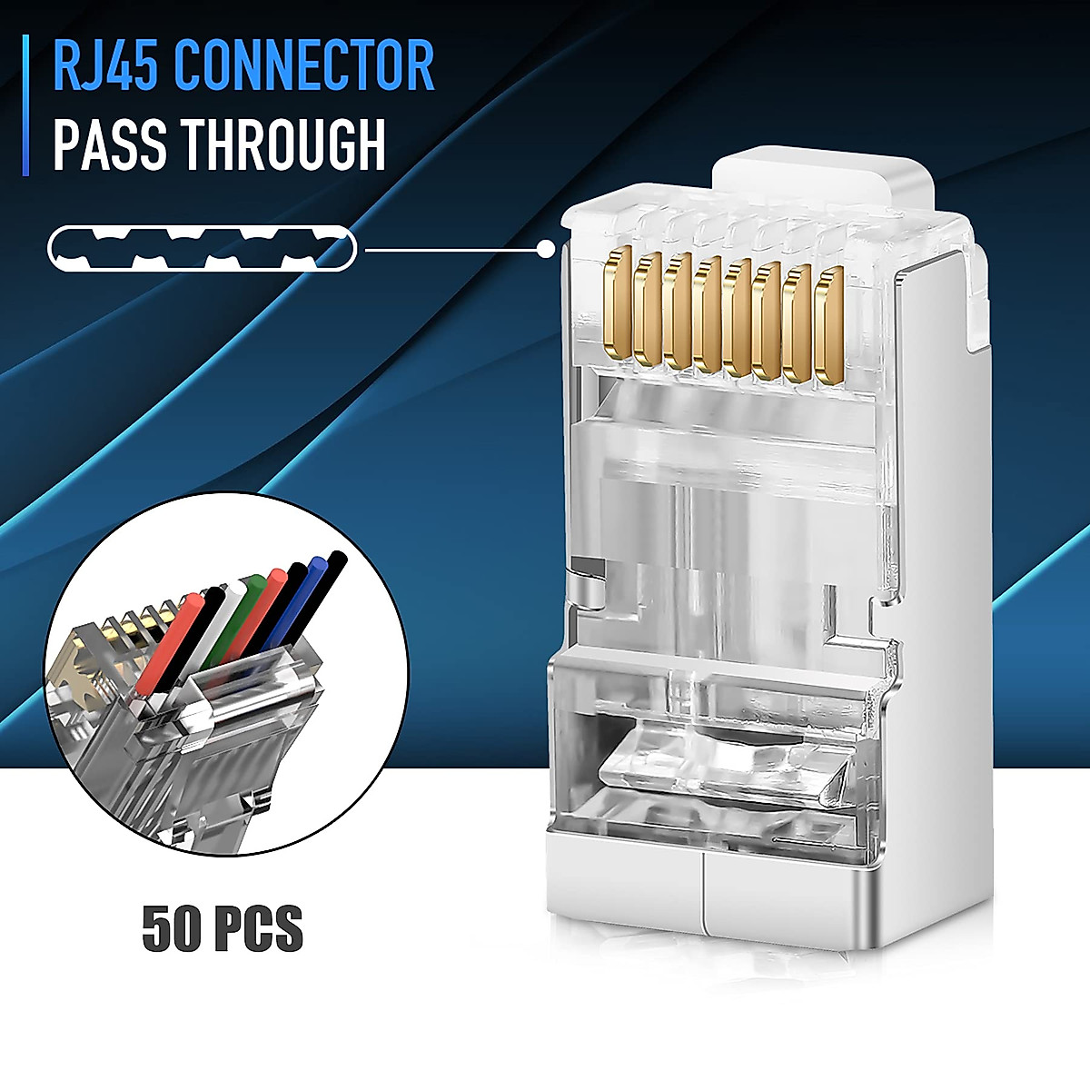 JODROAD Shielded RJ45 Cat6 Cat6A Pass Through Connectors - 3 Prong 8P8C Gold Plated Ethernet Ends for FTP/STP Network Cable & Solid Wire 20Pack
