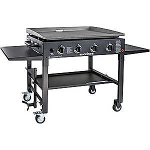 Blackstone 36 Inch Gas Griddle Cooking Station 4 Burner Flat Top Gas Grill Propane Fuelled Restaurant Grade Professional 36” Outdoor Griddle Station with Side Shelf (1554)