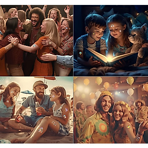 Groovy 70s Temporary Tattoos, Glow in the Dark Styles for Kids,Flower Power & Hippie Stickers,Birthday Party Supplies & Favors for Girls