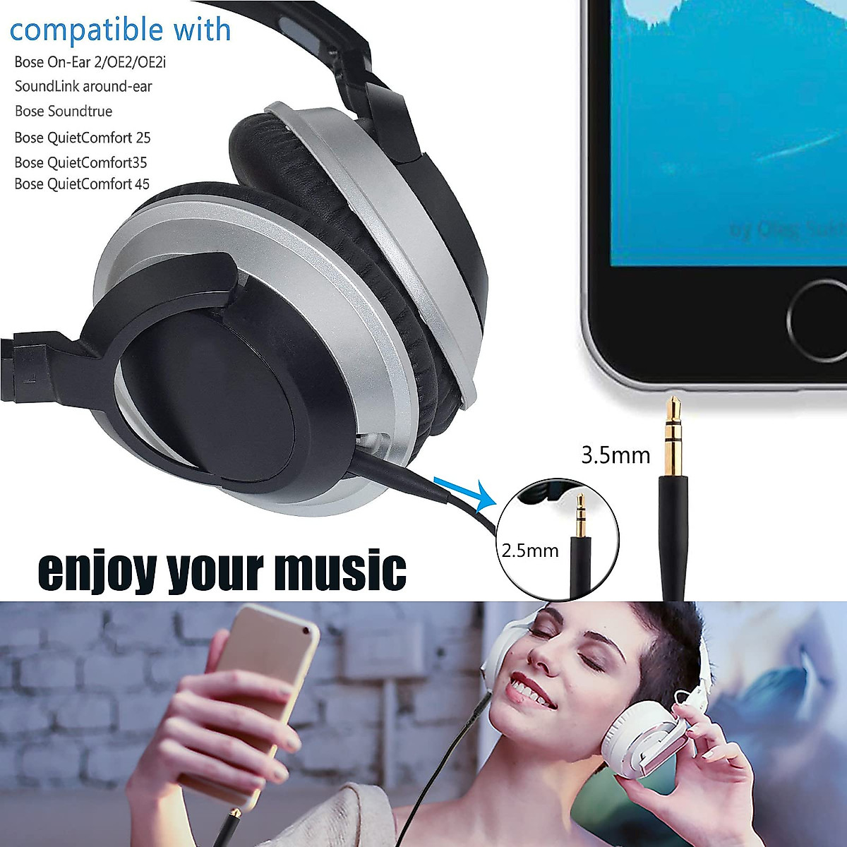 QC35 Cable 3.5 to 2.5 Extension Cord Replacement Audio Cable Line Compatible with Bose QuietComfort 45/35 II Wireless Headphones 700 / QC35 II / QC35 QC45(Series I) / SoundLink II On-Ear 2 OE2 OE2i