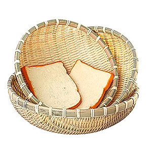 Cedilis 3 Pack Bamboo Basket Tray, Wicker Bread Basket, 100% Natural Handmade Woven Fruit Basket, U Shape Holder Flat Shallow Vegetables Serving Basket, Stackable, 10Inch, 11Inch, 12Inch
