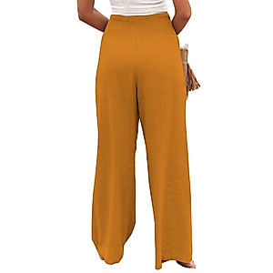 GLIENST Womens Cotton Linen Pants Elastic High Waist Wide Leg Pants Palazzo Lounge Smocked Casual Trousers with for Ladies Pockets One Piece Athletic Pants Deep Yellow XL