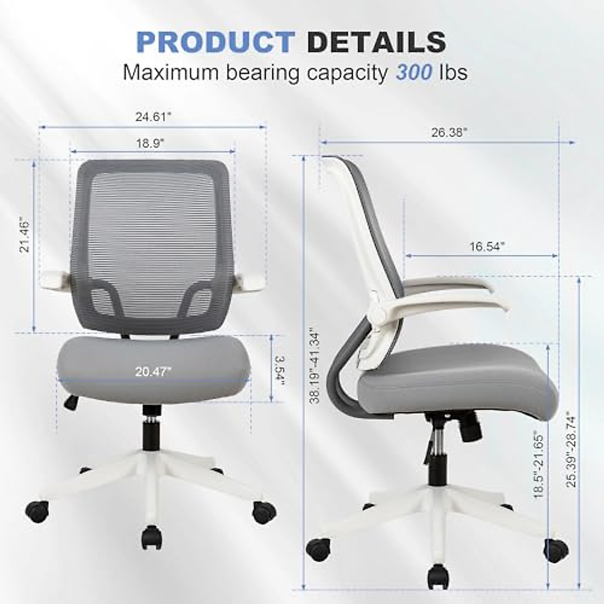 Home Office Desk Chair with Flip Up Armrest, Lumbar Support, Soft Sponge Seat, Breathable Mesh Mid Back Computer Chair, Swivel Task Chair, 300LBS Weight Capacity, Grey