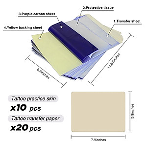 Tattoo Practice Skin with Transfer Paper, Urknall 30PCS Fake Skin and Tracing Paper Kit Including 10PCS Double Sided Skin and 20PCS Stencil Paper for Tattoo Practice Tattoo Supplies