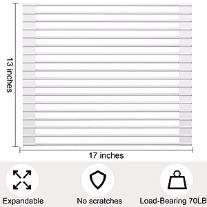 H S T Over The Sink Dish Drying Rack for Kitchen - 17" x 13" Heavy Duty Silicone Wrapped Steel Rods Over Sink Dish Drying Rack - Multipurpose Roll Up Sink Drying Rack - White