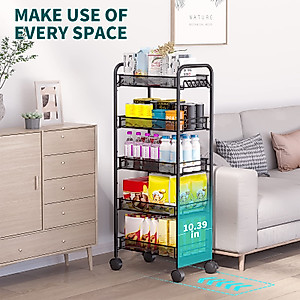 HomeHom Rolling Cart, 5-Tier Metal Rolling Storage Cart, Kitchen Storage Trolley with 2 Brakes, Utility Cart with Handles, Easy Assembly, for Bathroom, Kitchen, Office, Black