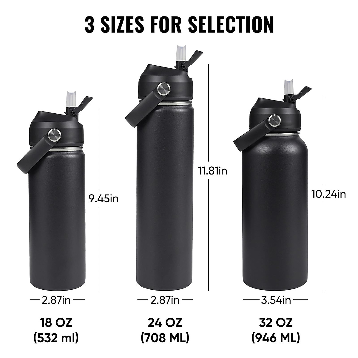 Fijinhom 24oz Insulated Stainless Steel Water Bottle, Wide Mouth Double Wall Vacuum, Silicone Straw, Sweat &amp; Leak Proof, BPA Free Insulated Water Flask for Travel, Keep Cold 24h Hot 12h, Black