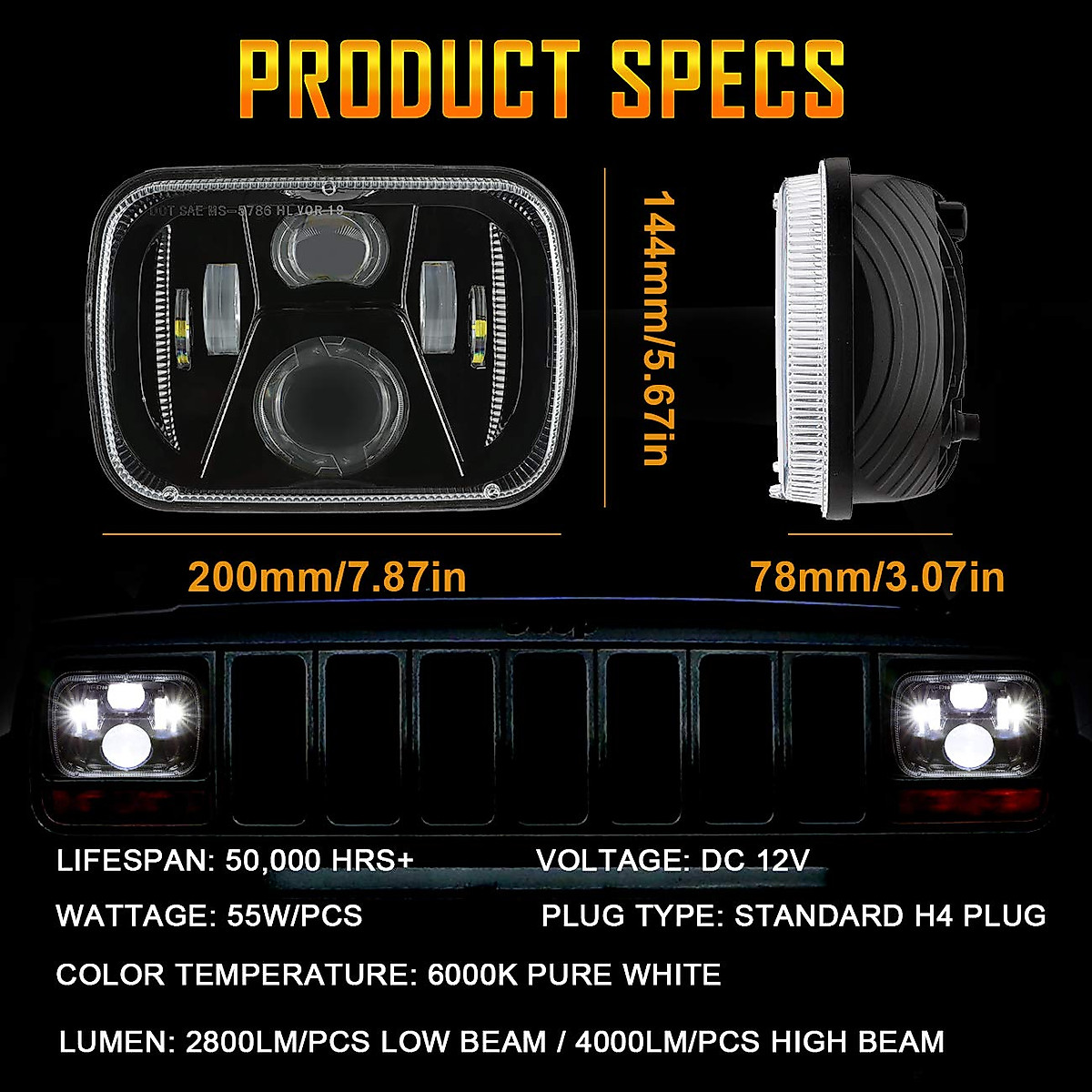 Auxbeam 5x7 7x6 Inch Led Headlights with High Low Beam H6054 6054 Led Rectangular Headlight Compatible for Jeep Wrangler YJ Cherokee XJ GMC Replacement H5054 H6054LL 69822 6052 6053 (Black)