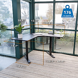 Mount-It! Electric Height Adjustable Corner Stand Up Desk, Black Steel Frame L-Shaped Standing Workstation for Corners, Automatic Sit Stand Desk, Smoothly Raises from 28.3" to 47.2", Home Office