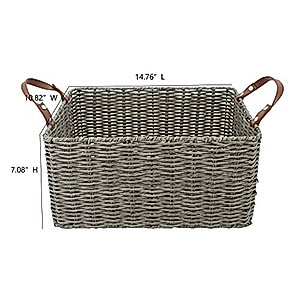 HDKJ PP Tube Storage Basket with handle,Rectangular storage basket,Decorative Home Storage Bins. (Gray, Large)