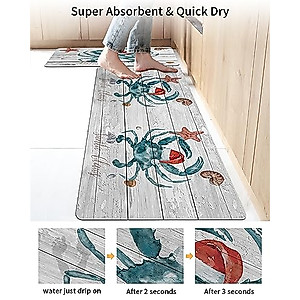 Christmas Bath Mat for Tub,Non Slip Bathroom Floor Runner Rug Quick Dry & Absorbent Diatomaceous Earth Shower Sink Bedroom Kitchen Washable Doormat,Farmhouse Xmas Ocean Crab Red Santa 18x30+18x60