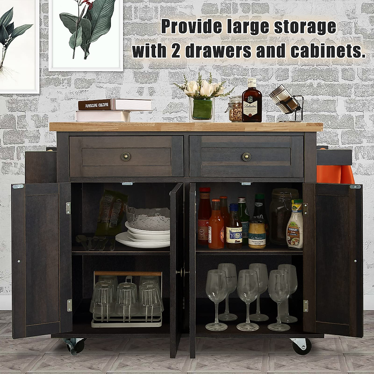 NSdirect Kitchen Island Cart,Kitchen Bar&Serving Cart Rolling on Wheels with Spice Rack Towel Holder Utility Storage Trolley with Storage Drawers for Home Hotel Kitchen Dinning Room (Dark Brown)