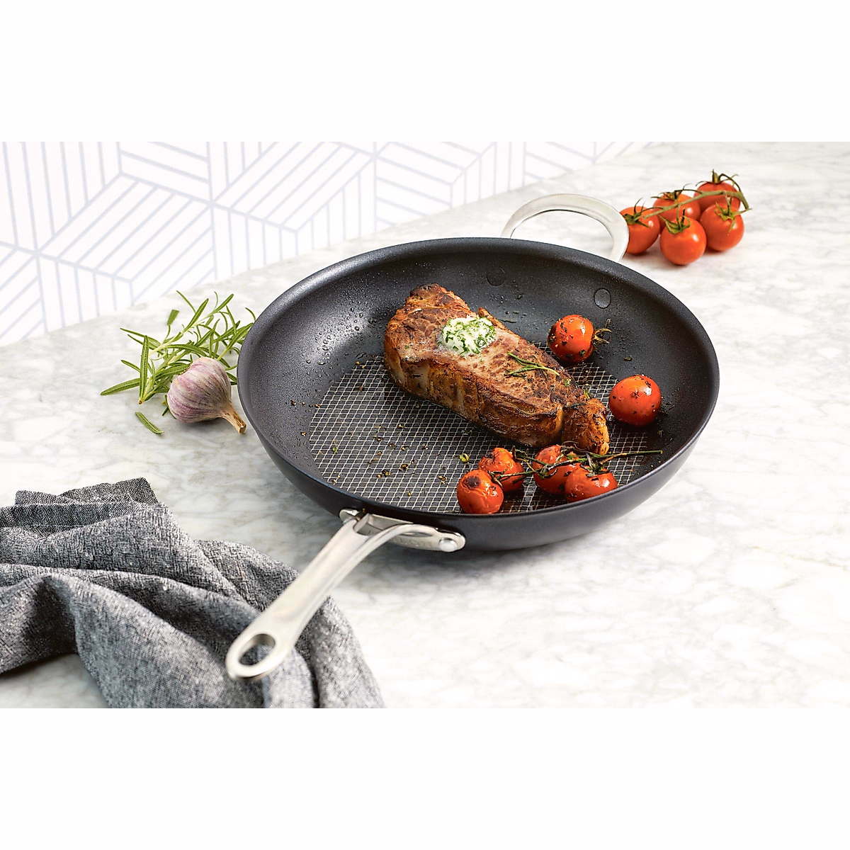 Anolon X SearTech Aluminum Nonstick Frying Pan with Helper Handle, 12-inch, Super Dark Gray