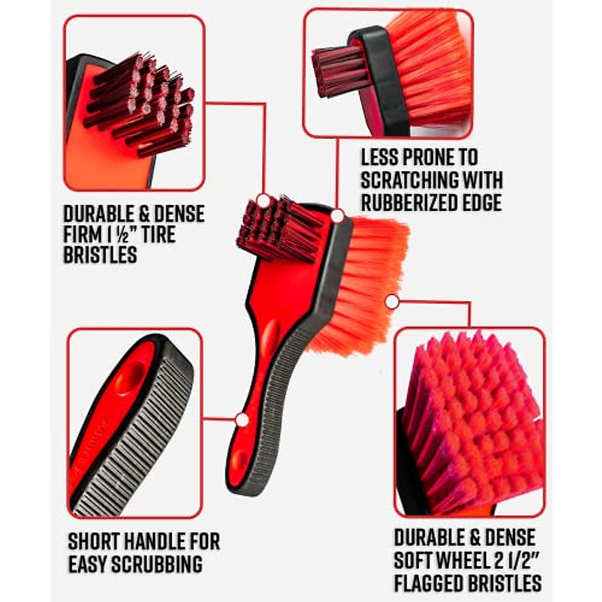 Adam's Double Sided Car Detailing Brush Wheel Brush & Tire Brush for Wheel Cleaning | Soft, Durable Chemical Resistant Bristles Against The Harshest Wheel & Tire Cleaner
