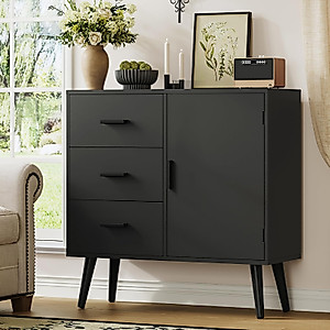 Iwell Black Storage Cabinet with 3 Drawers & Adjustable Shelf, Sideboard Buffet Cabinet, Entryway Cabinet, for Living Room, Dining Room, Black