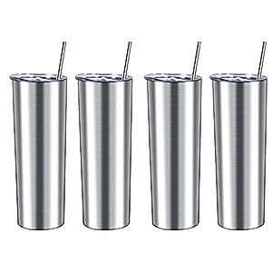 Cosictic 20 Oz Skinny Tumbler Set of 4, Slim Insulated Stainless Steel Travel Tumbler with Lid and Straw, Skinny Water Tumbler for Diy Birthday Gift, Silver