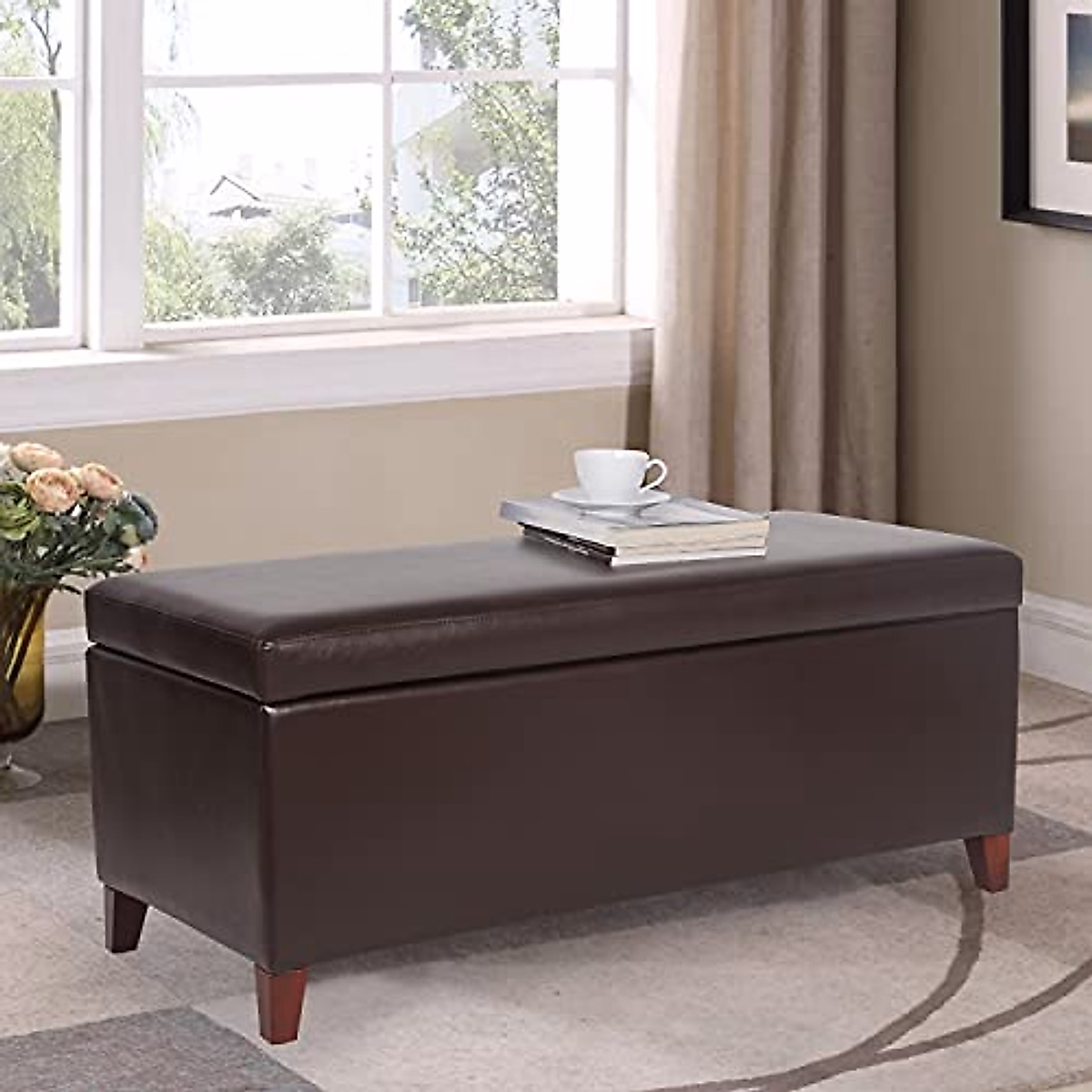 Joveco 42" Storage Bench Ottoman Footstool- Lift Top Coffee Table Ottoman- Brown Faux Leather Ottoman with Storage- End of Bed Bench for Living Room and Bedroom