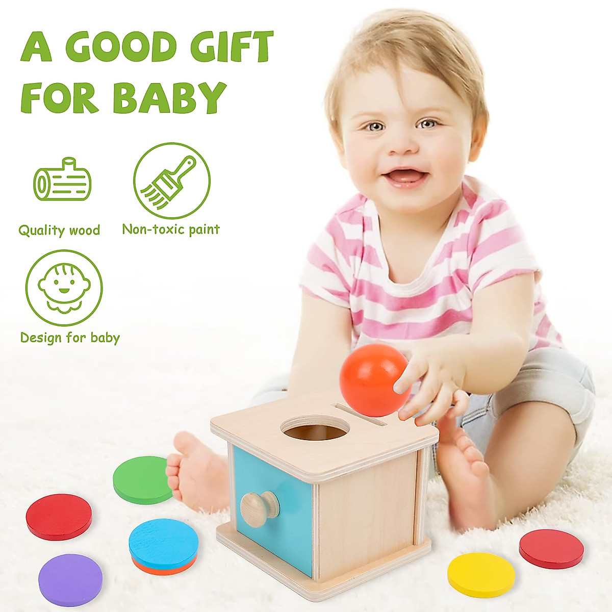 Adena Montessori Coin Box,2 in 1 Object Permanence Box Toys for 1 Year Old Baby Coins,Wooden Montessori Ball Drop Toys Developmental Toys for 6-12 Month Infant Toys,Learning Kids Gifts(Blue Door)