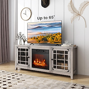 COSTWAY Electric Fireplace TV Stand for TVs up to 65-inch, 18-inch Fireplace Entertainment Center with Remote Control, Thermostat, TV Console with Adjustable Shelves for Living Room Bedroom, Natural